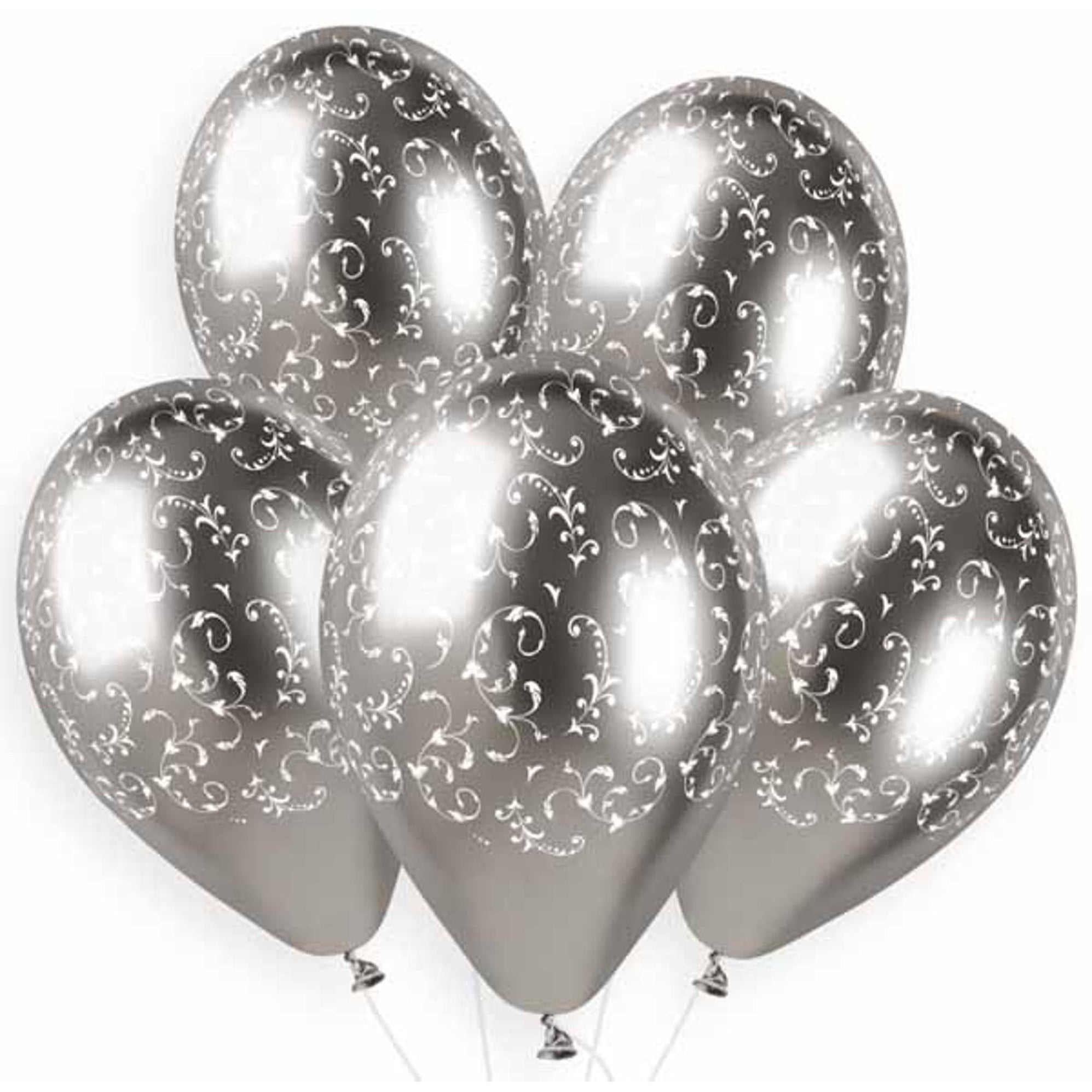 Gemar Shiny Silver Filigree Balloons (25 Pack) — Shimmer & Confetti